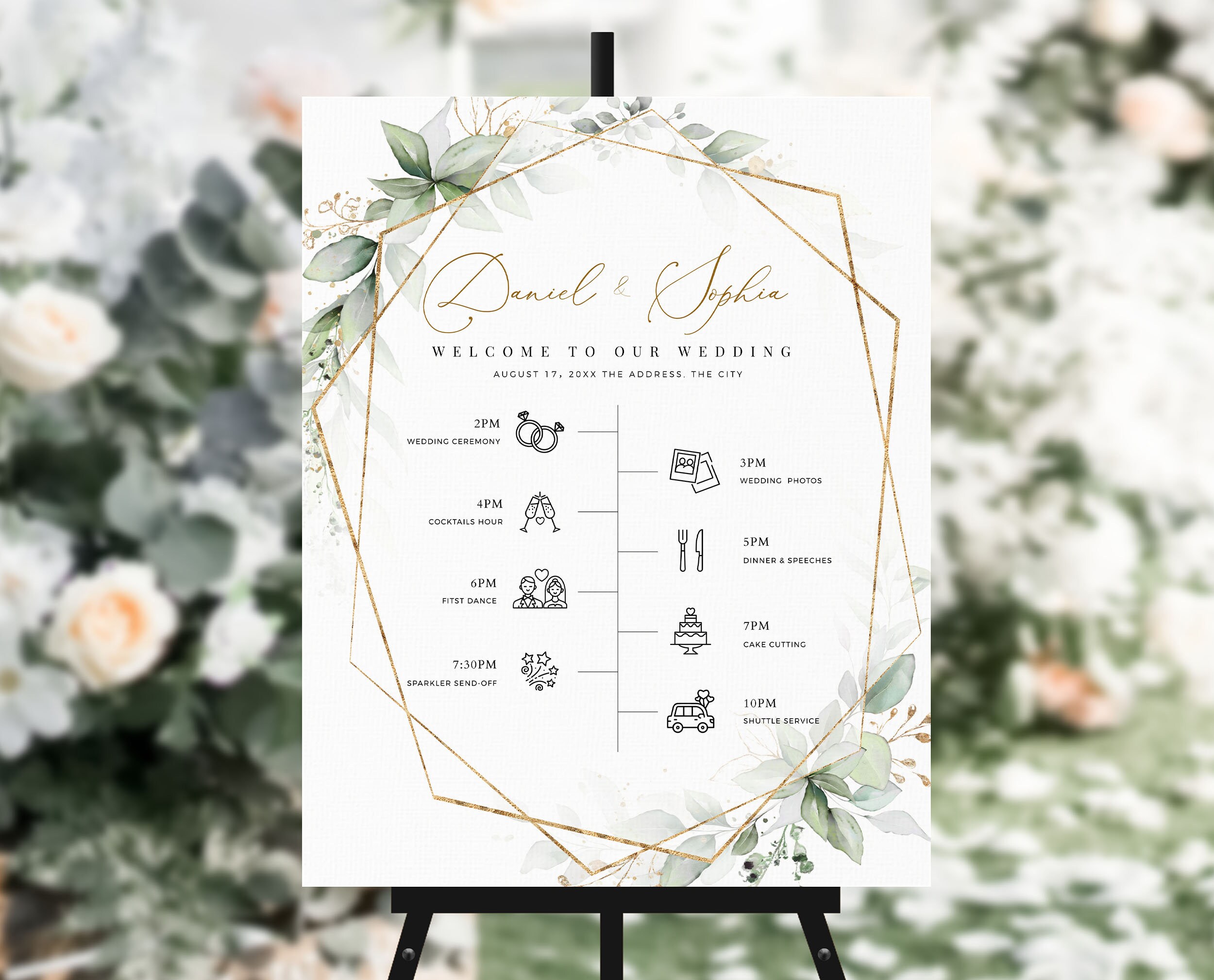Greenery Wedding Timeline Sign Template, With Wedding Day Icons ...
