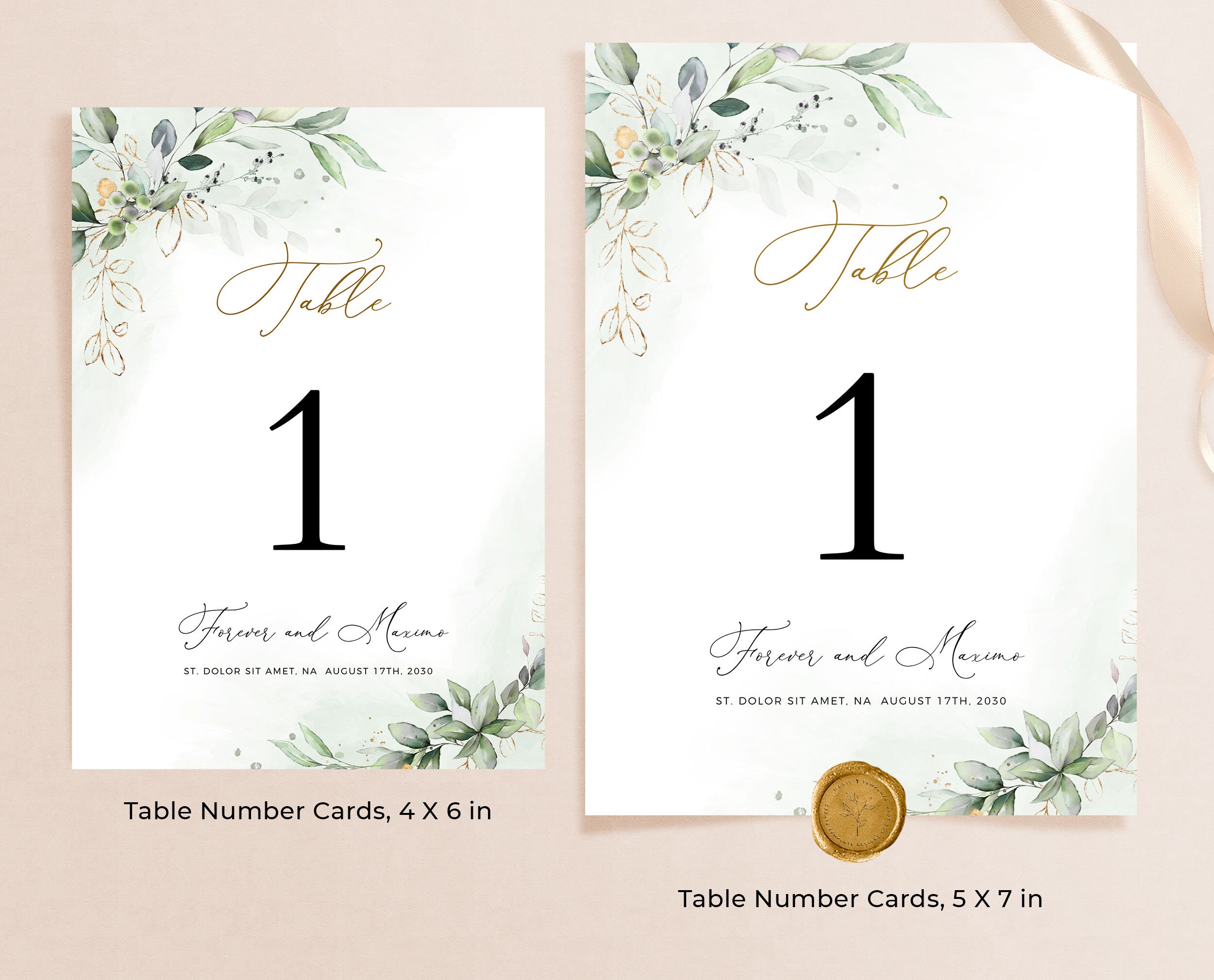Greenery and Gold Table Numbers Template Calligraphy Table - Etsy