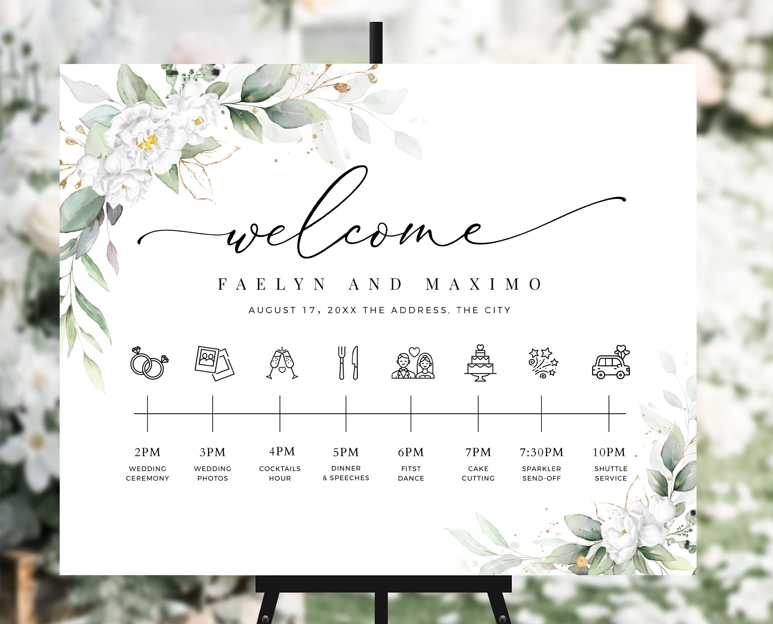 White Rose Wedding Timeline Sign Templateeditable Wedding - Etsy