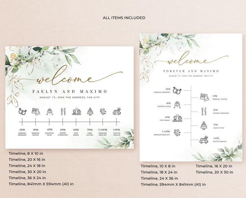 Greenery Wedding Timeline Sign Template, With Wedding Day Icons ...