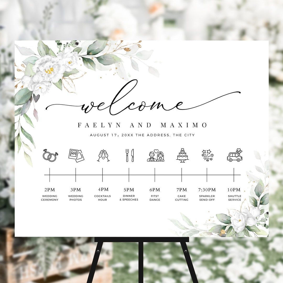 White Rose Wedding Timeline Sign Template,editable Wedding Timeline ...