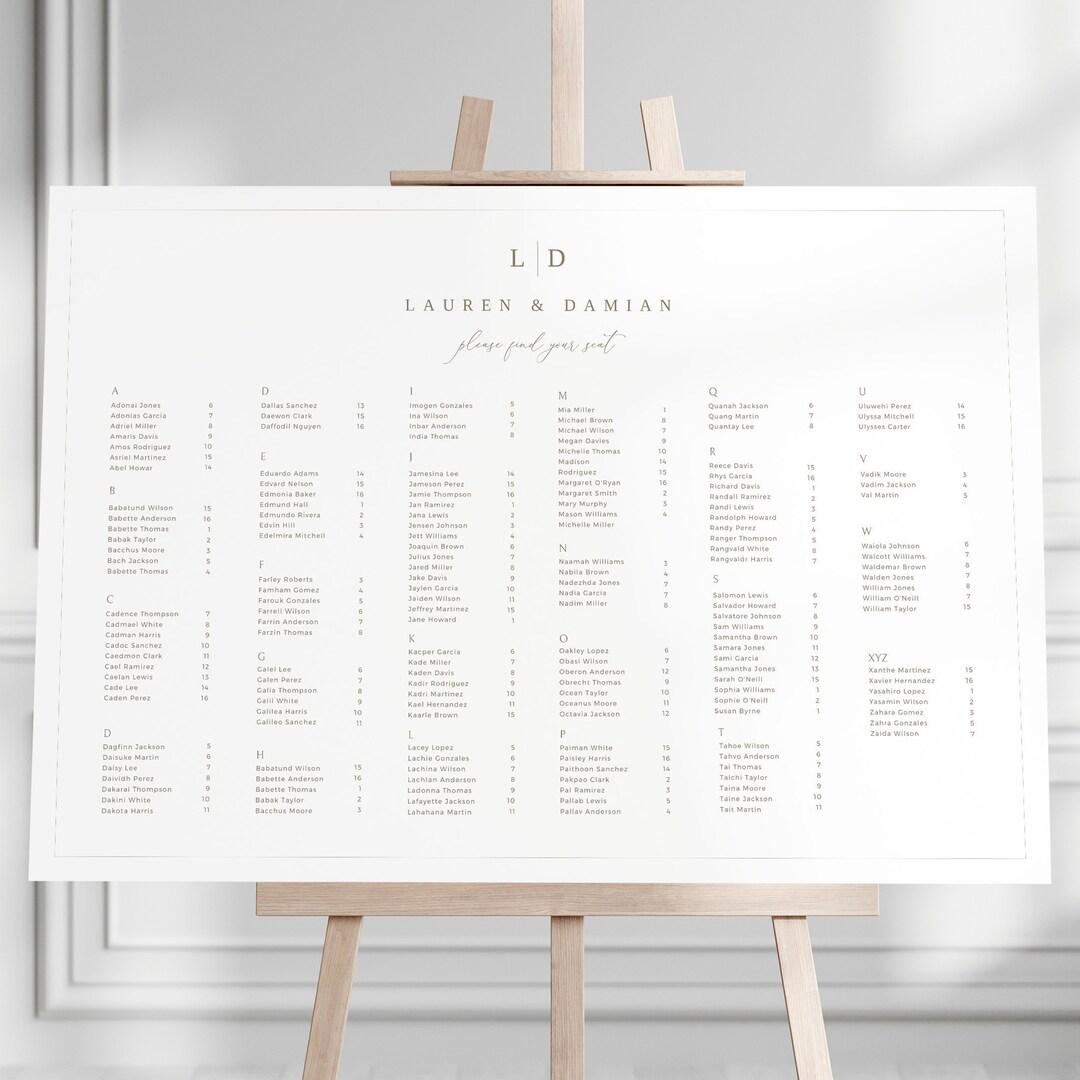 Monogram and Border Wedding Seating Chart, Alphabetical Seating Chart ...