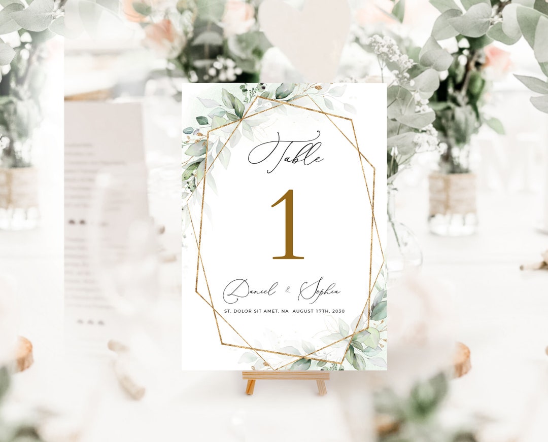 Greenery and Gold Table Numbers Template Calligraphy Table Numbers, 5x7 ...