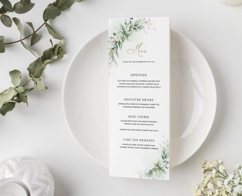 Greenery and Gold Wedding Menu Card Template, Elegant Wedding Menu ...