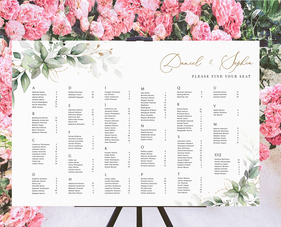Alphabetical Wedding Seating Chart Template, Printable Wedding Seating ...