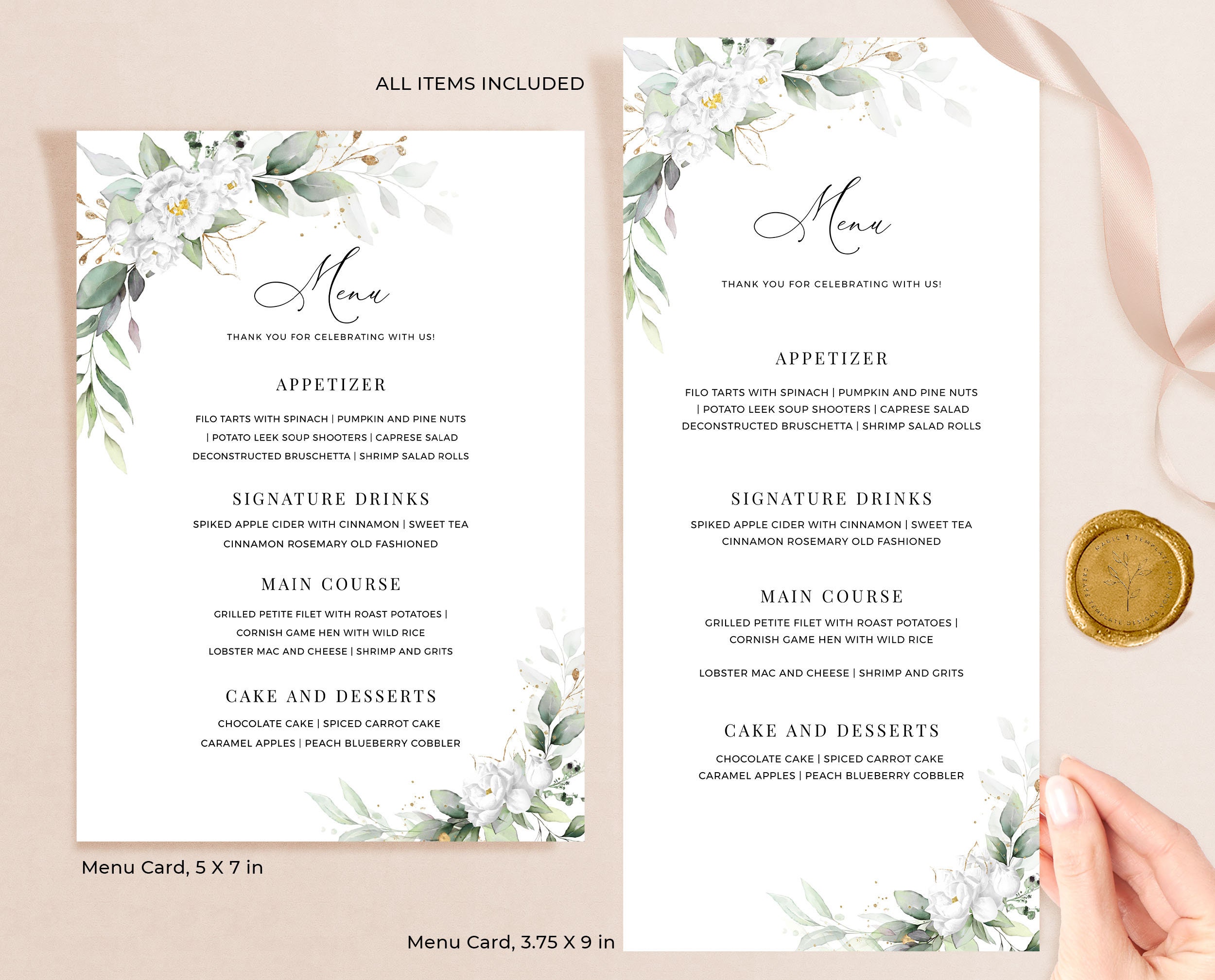White Rose Wedding Menu Card Template, Flower Elegant Wedding Menu ...