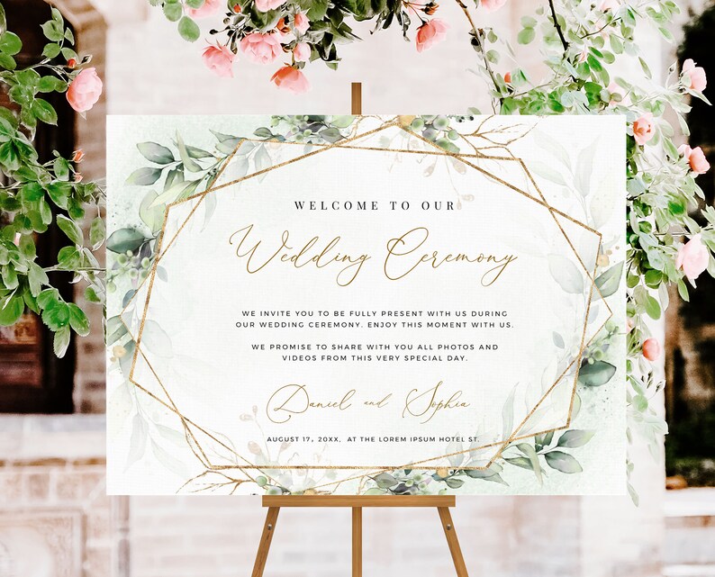 Greenery and Gold Wedding Welcome Sign Board,wedding Welcome Sign ...