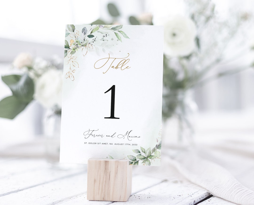 Greenery and Gold Table Numbers Template Calligraphy Table Numbers, 5x7 ...