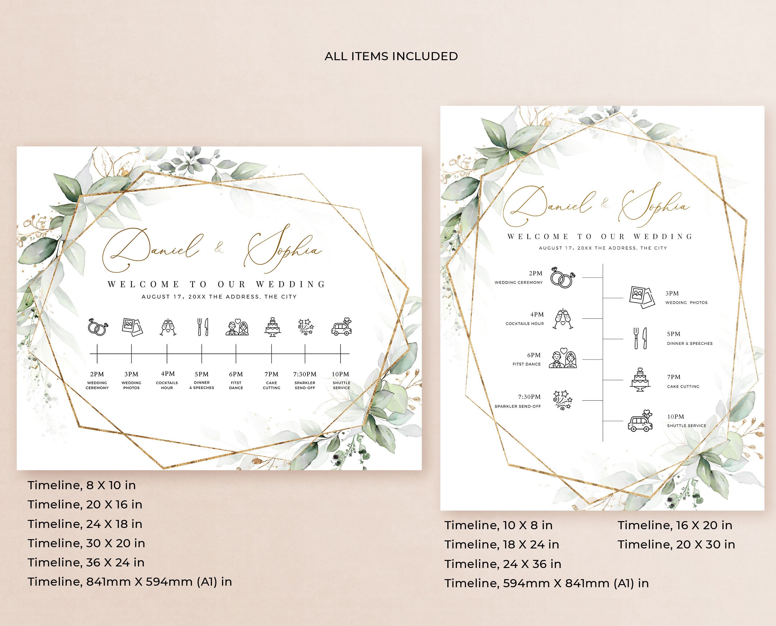 Greenery Wedding Timeline Sign Template, With Wedding Day Icons ...