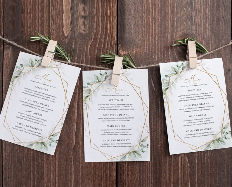 Greenery and Gold Wedding Menu Card Template, Elegant Wedding Menu ...