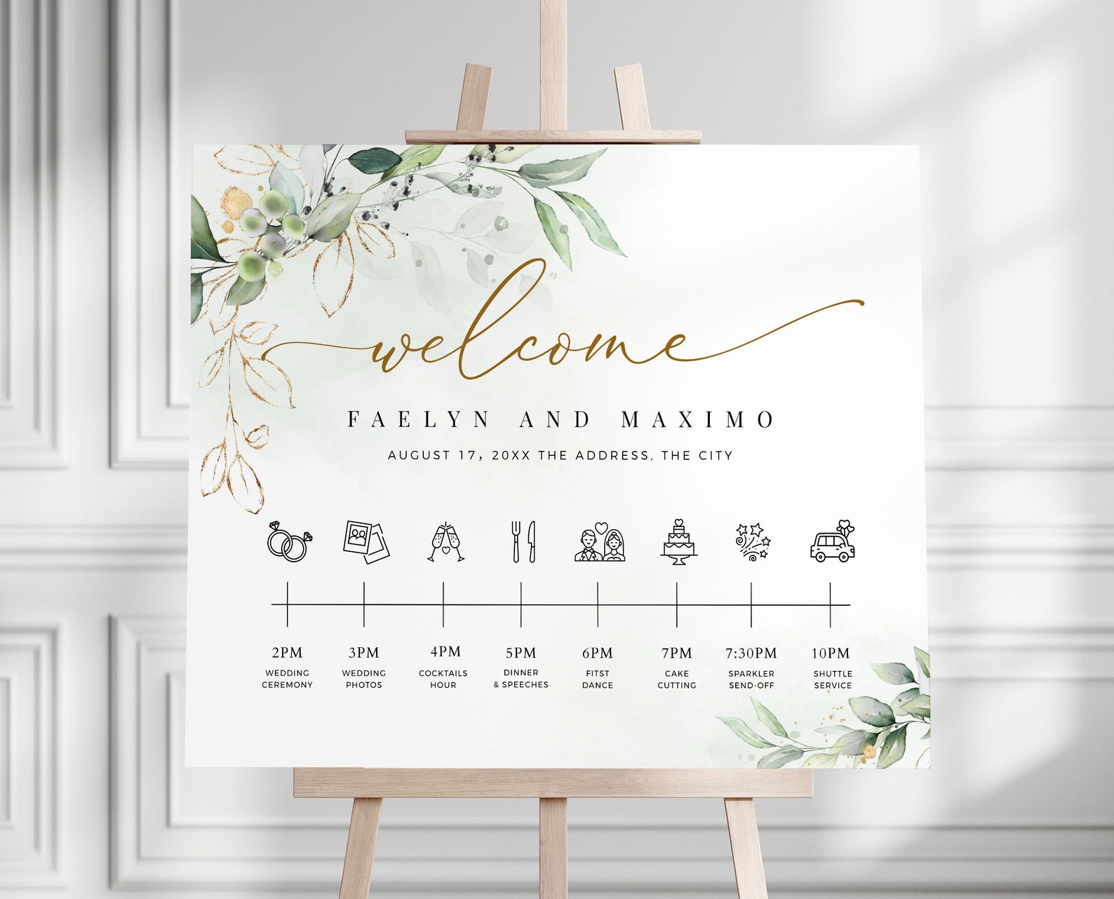 Greenery Wedding Timeline Sign Template, With Wedding Day Icons ...