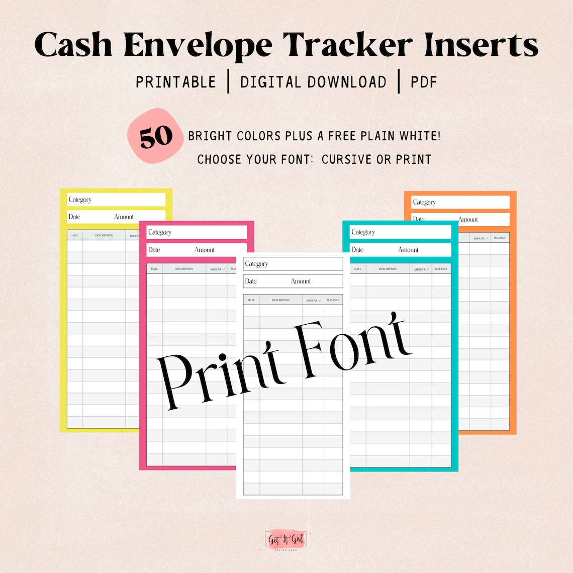 Bright Cash Envelope Tracker Insert Printable, Set of 50, Cash Envelope ...