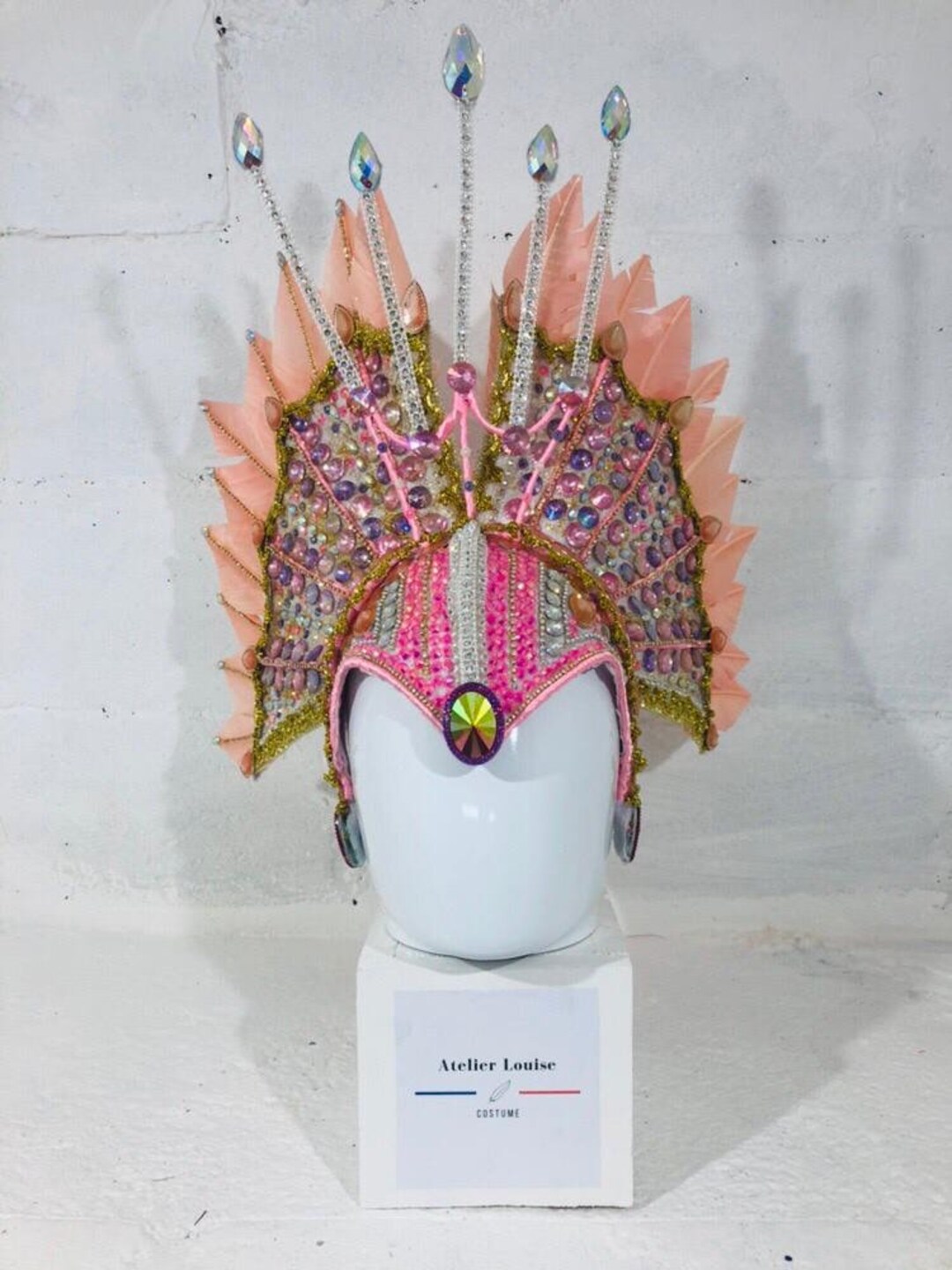 AMAZING Pink Mermaid Rhinestone Salmon Feathers AB Shiny Headdress ...