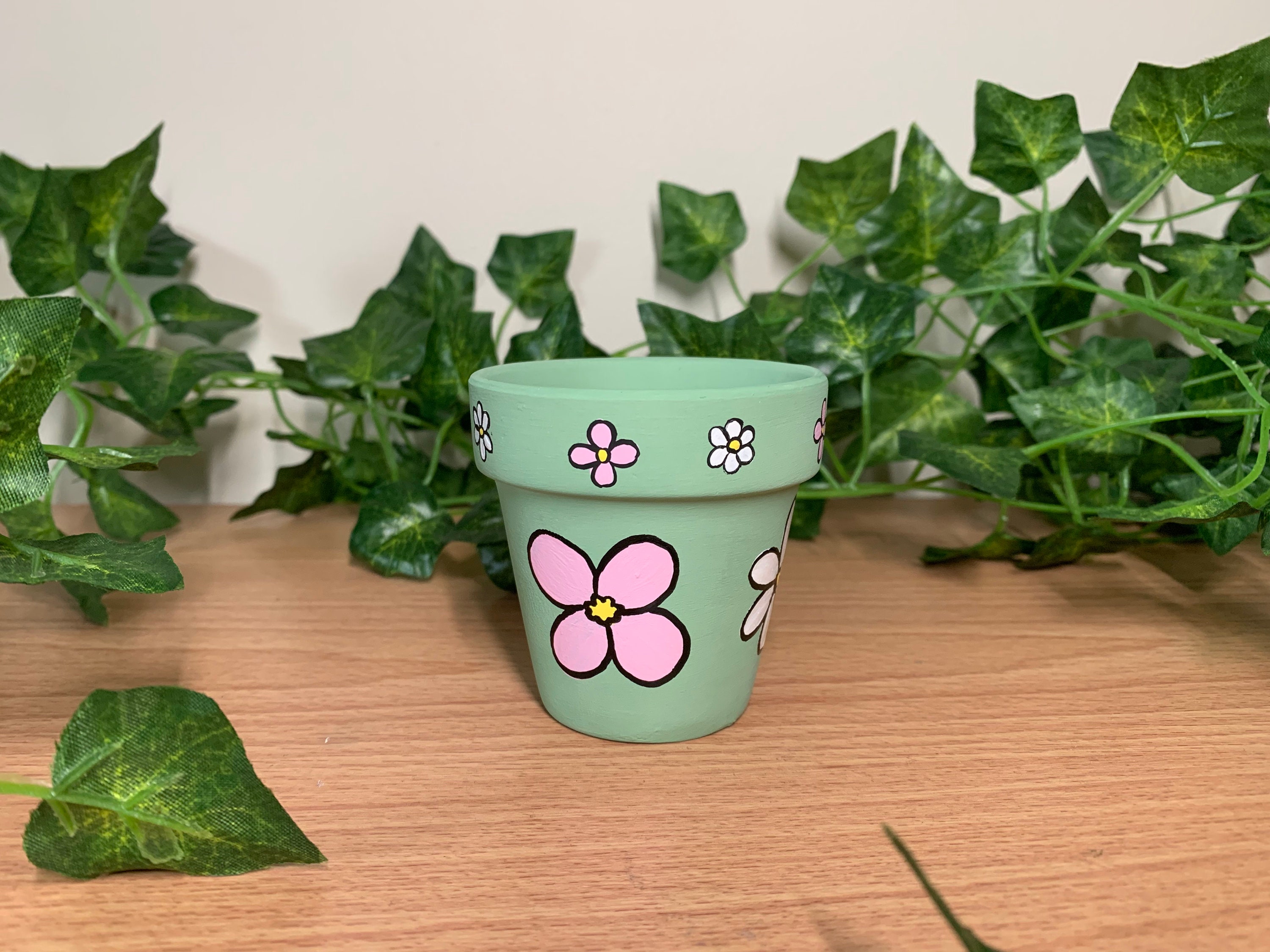 2.75 Hand-painted Flower Pot Green Pink White Flowers - Etsy