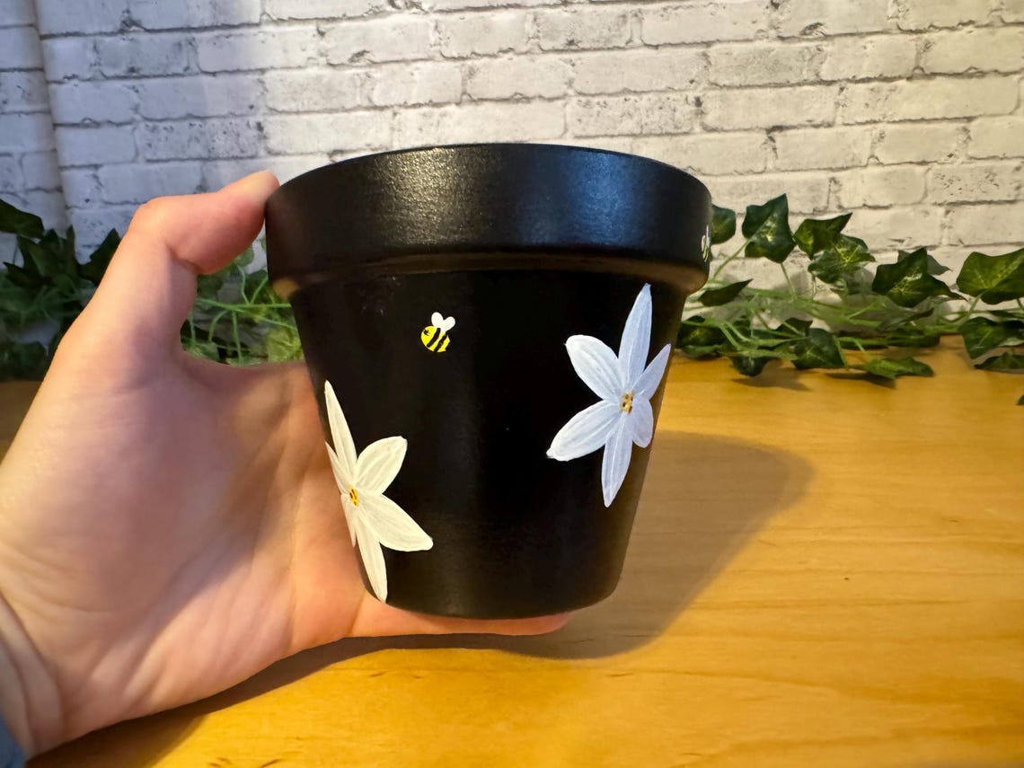 4.5” Hand-painted Flower Pot - Planter With Bees and White Flowers - Etsy