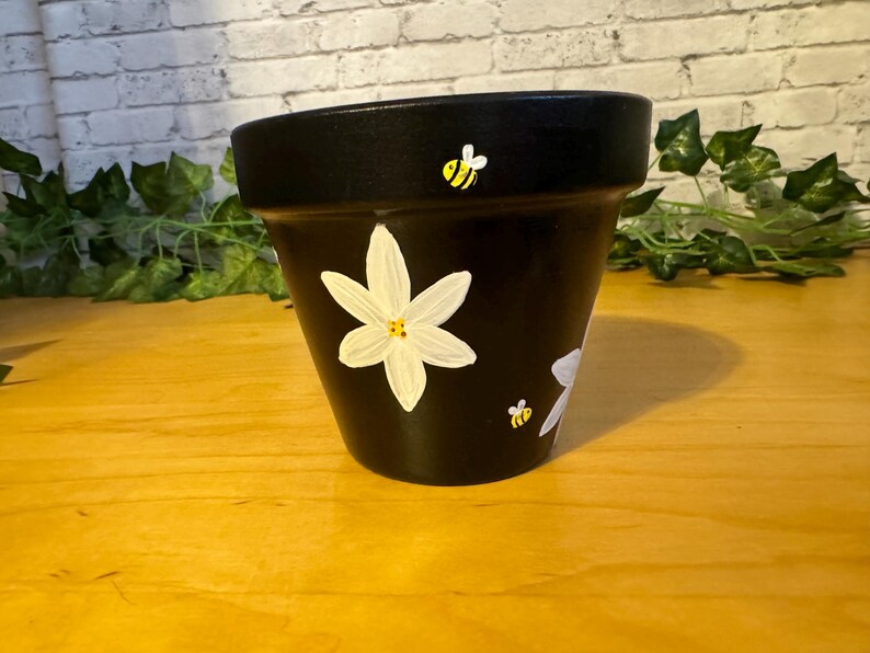 4.5” Hand-painted Flower Pot - Planter With Bees and White Flowers - Etsy