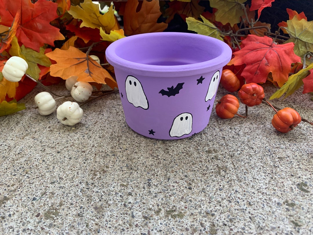 4.5” Hand-painted Flower Pot- Purple Ghost and Bat Planter - Etsy