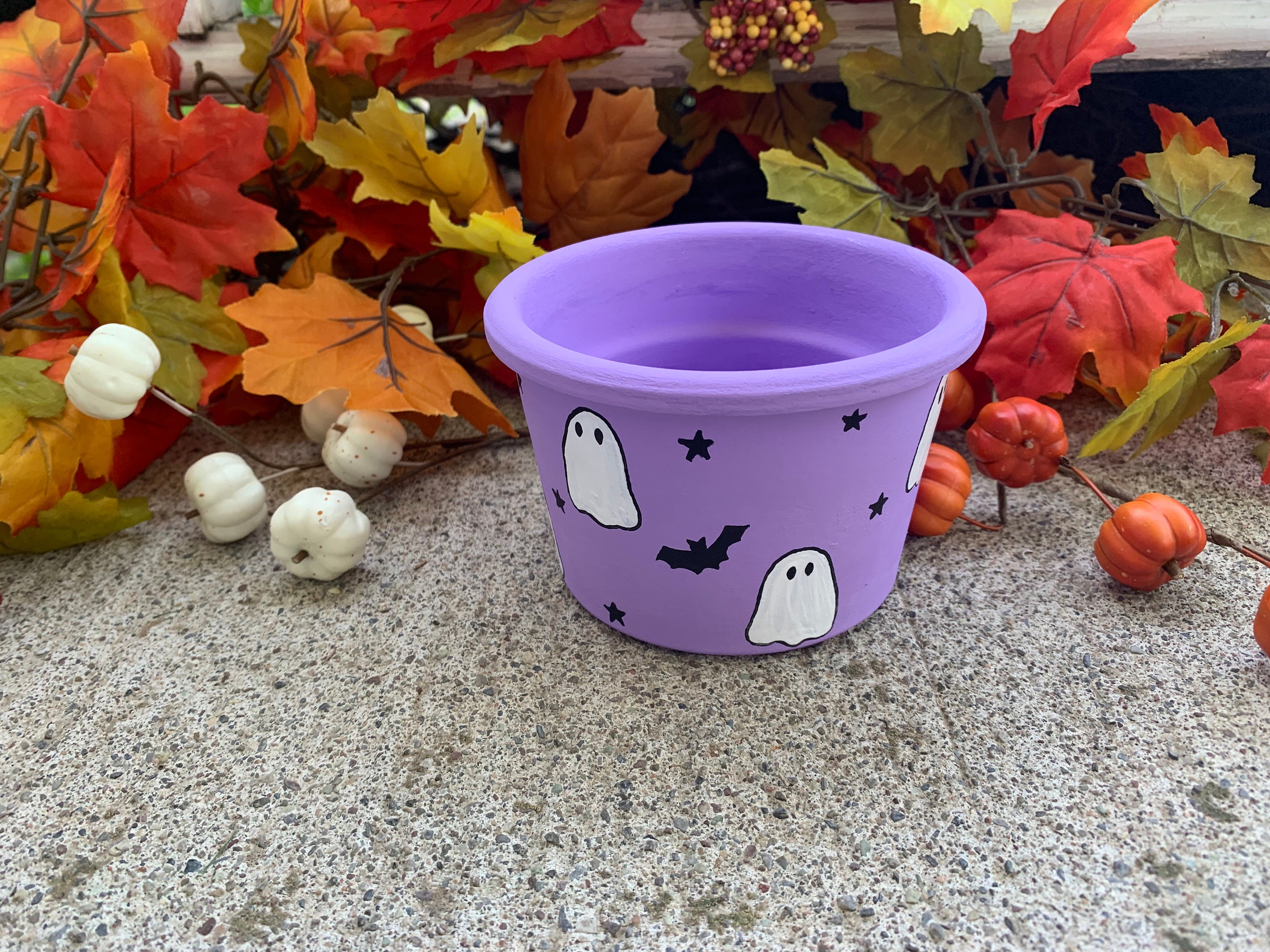 4.5” Hand-painted Flower Pot- Purple Ghost and Bat Planter - Etsy