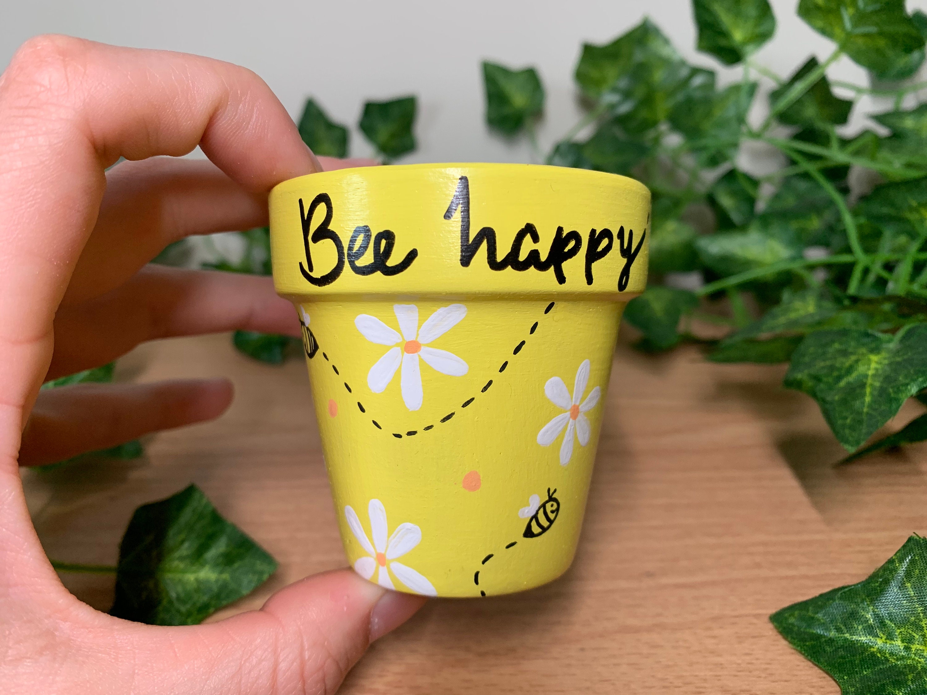 2.75” Hand-painted Flower Pot- Bee Happy Yellow Planter - Etsy
