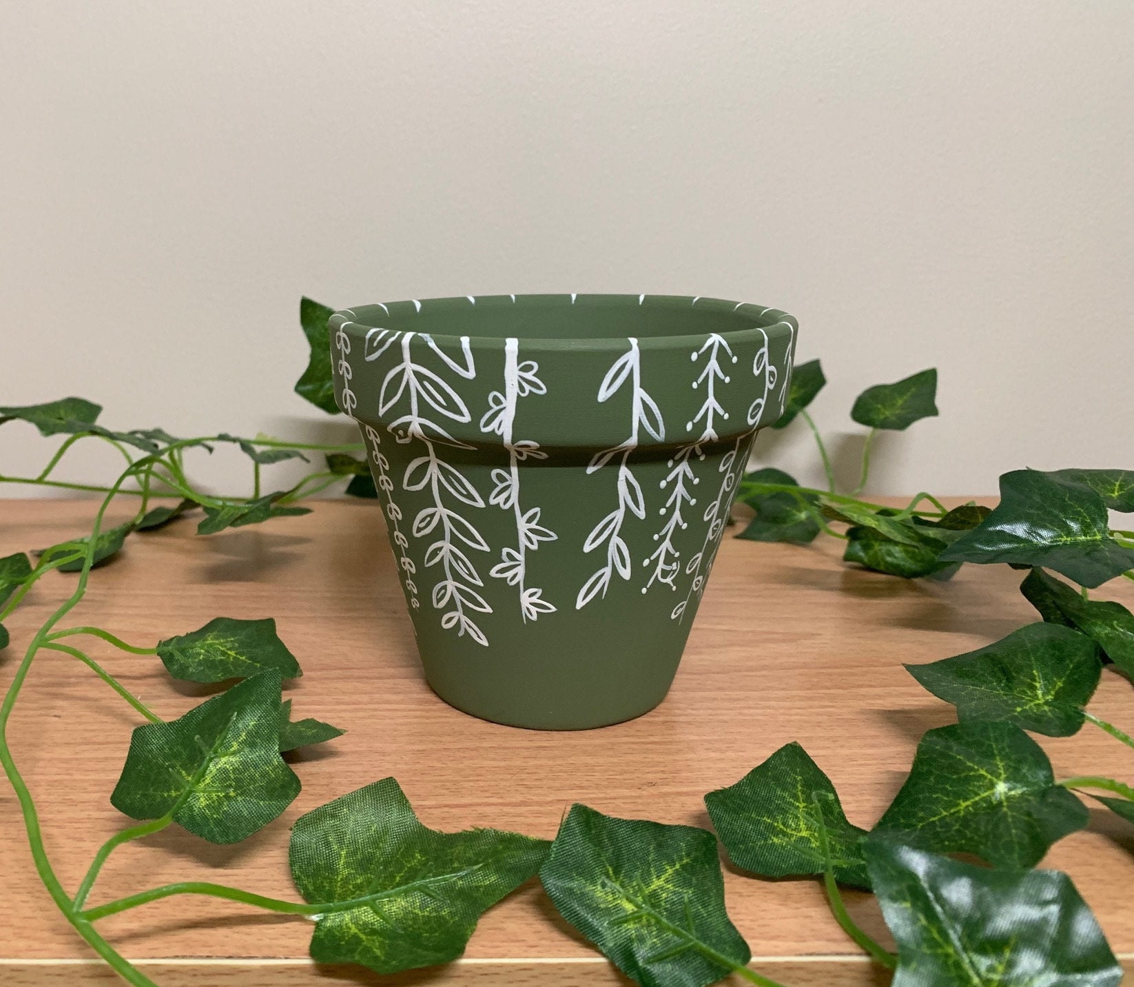 4.5" Hand-painted Flower Pot- Green With White Vines - Etsy