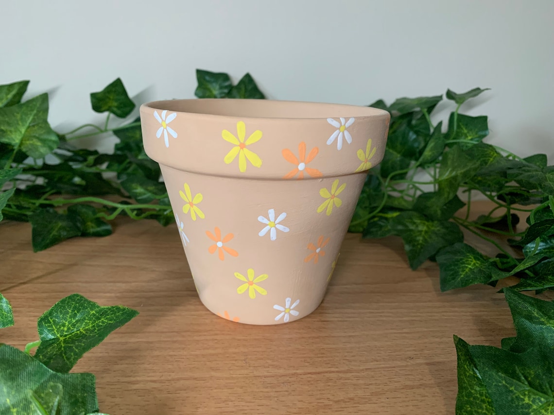 4.5” Hand-painted Flower Pot - Orange and Yellow Daisy Planter - Etsy