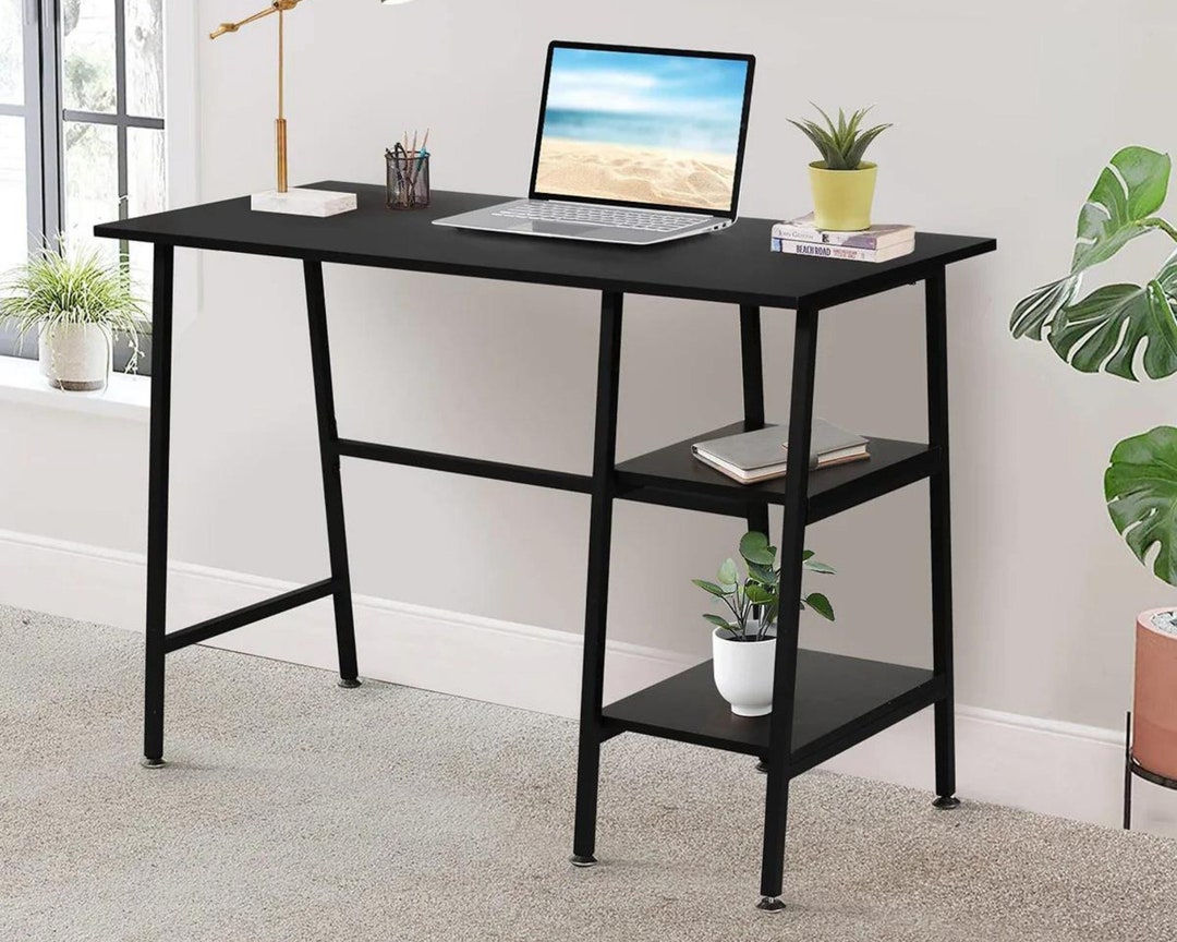 Computer Table With 2 Storage Shelves, Study Writing Wooden Table With ...