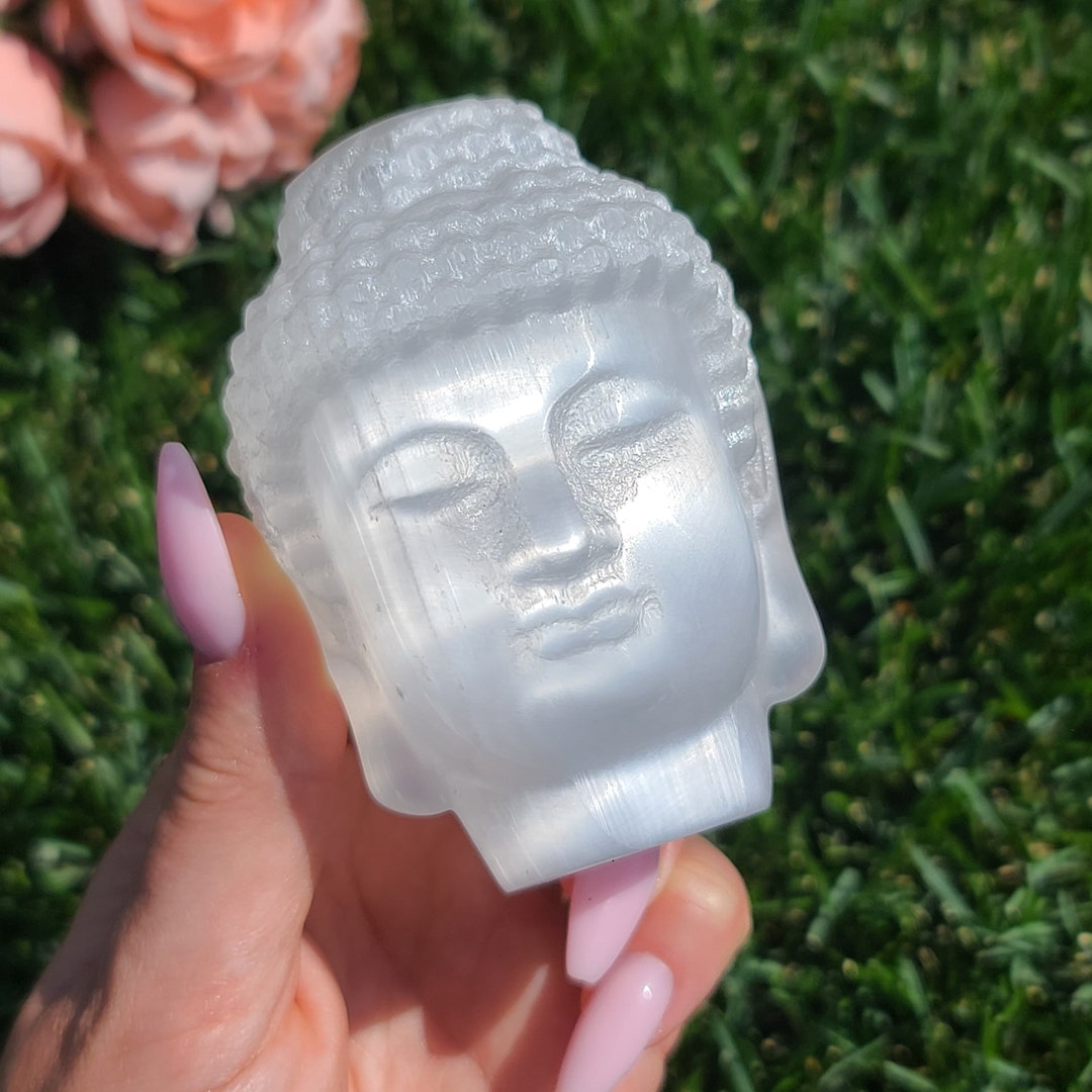 Selenite Buddha Head, Carved White Gypsum Crystal Statue for Decor or ...