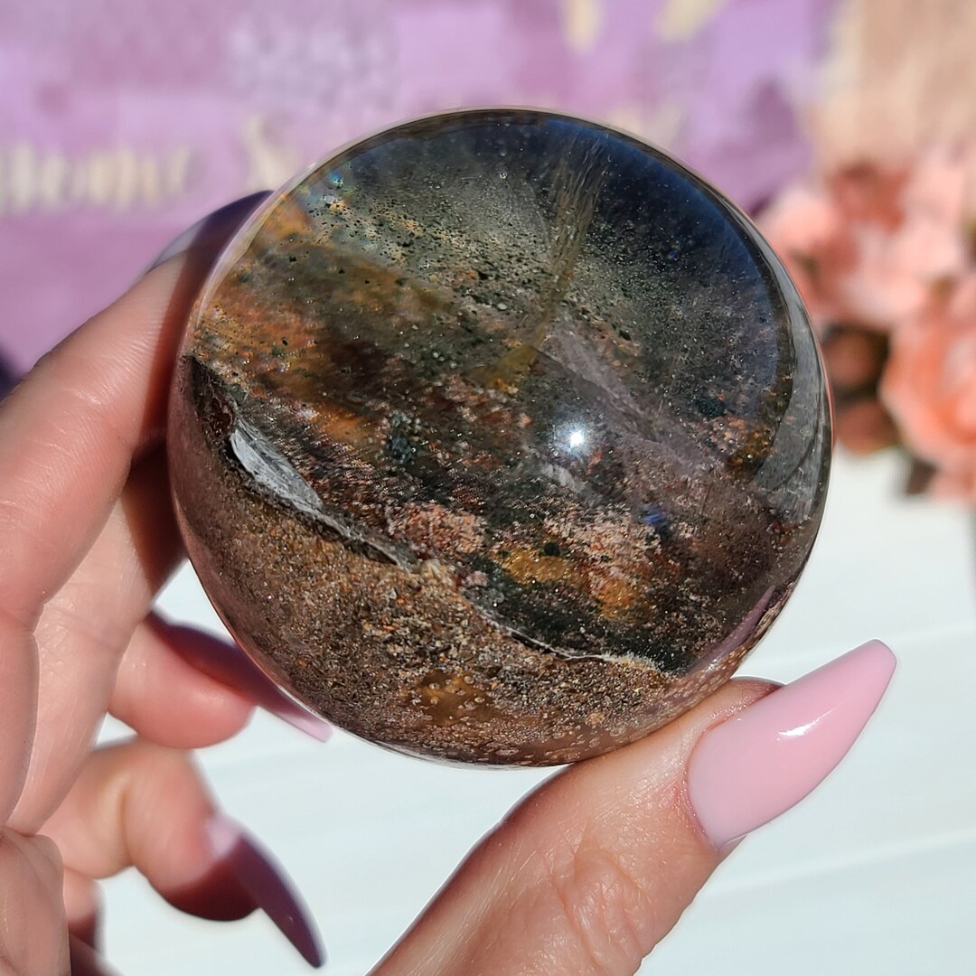 Large 2.5" Lodolite Sphere With Stand, Scenic Garden Quartz Ball for ...