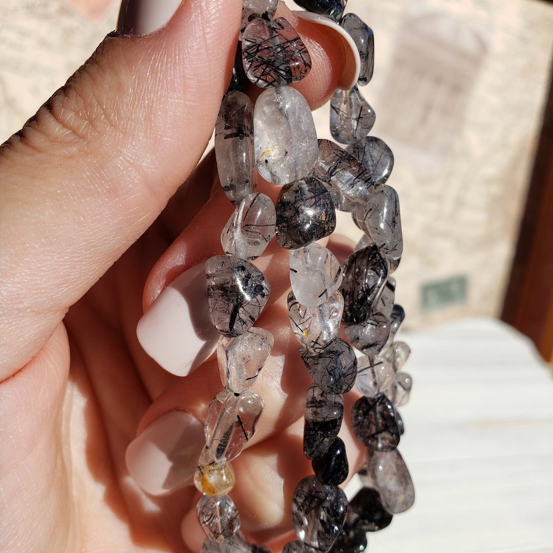 Tourmaline in Quartz Crystal Bead Strand, Small 5 8 Mm Tumbled Nugget ...