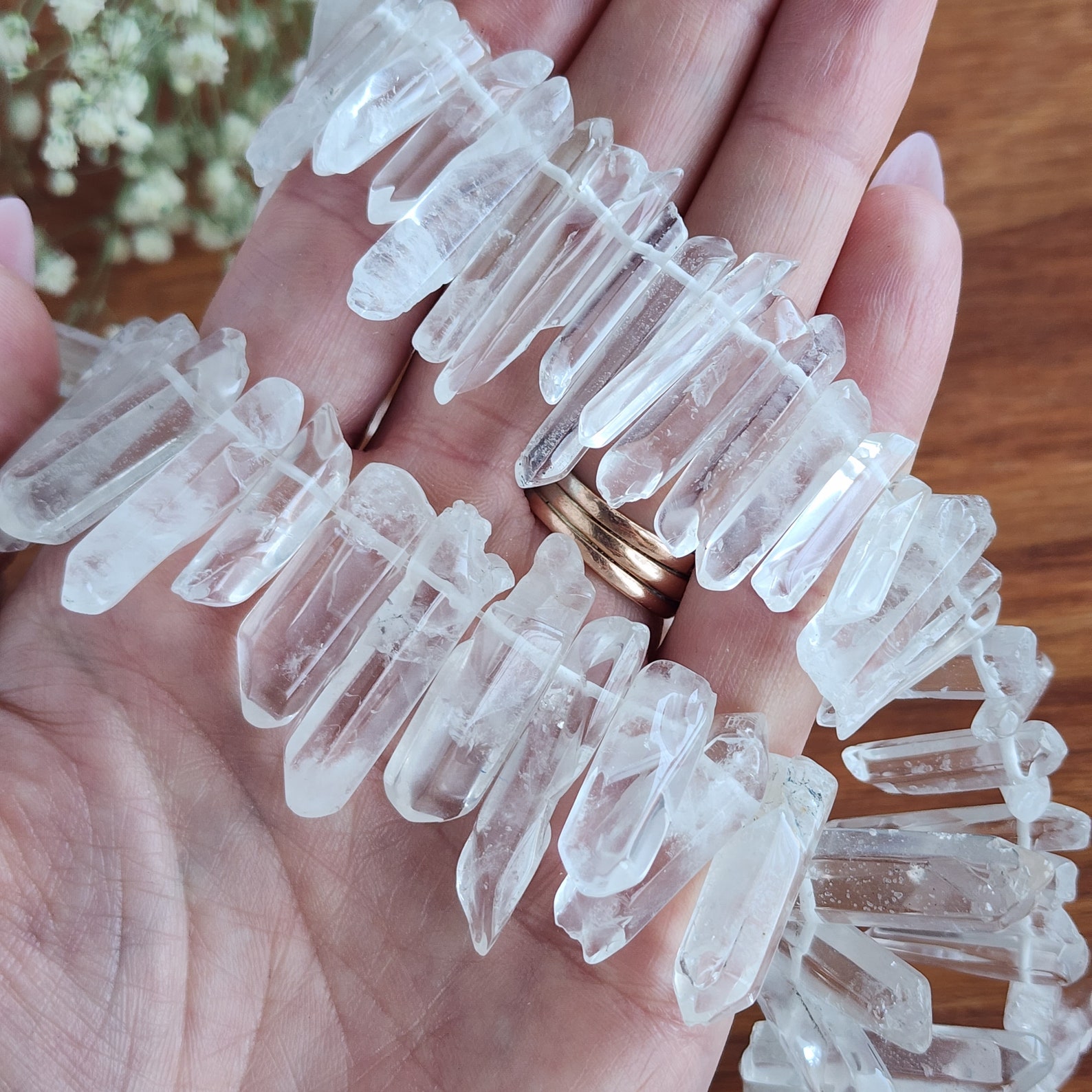 Natural Clear Quartz Points Crystal Bead Strand, Tumbled Gemstone Beads ...
