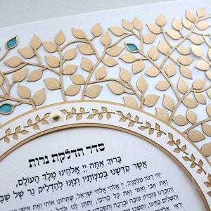 Shabbat Candle Lighting Blessing Paper Cut Art: Gold Leaves, Teal ...