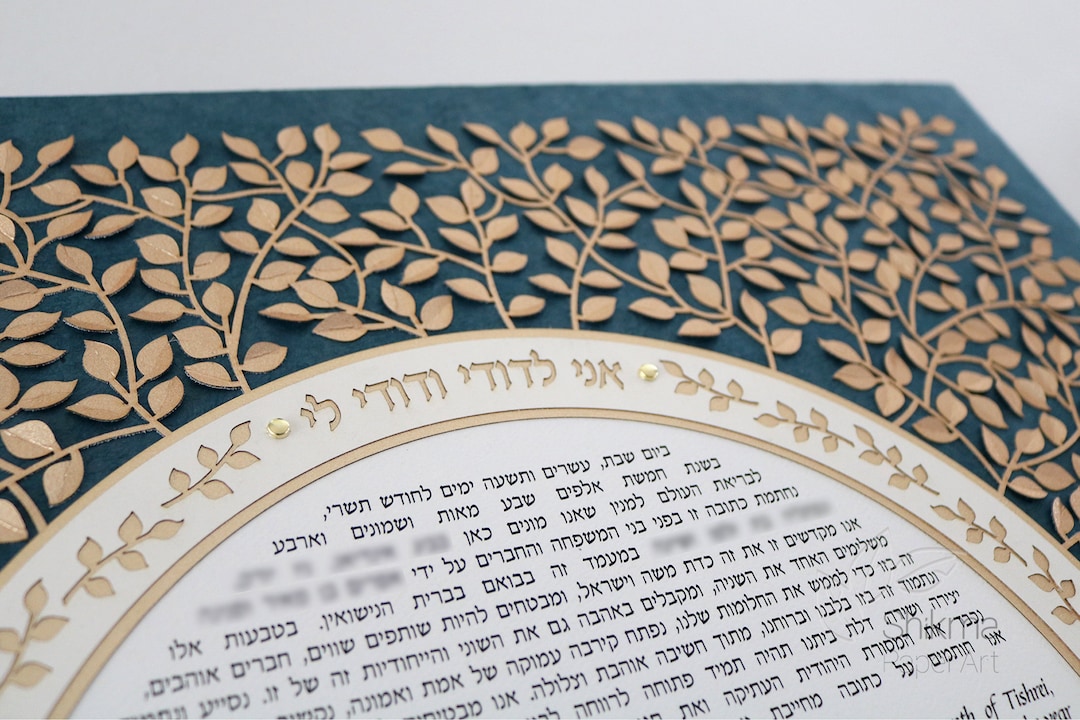 Personalized Ketubah Art, 3D Paper Cut Gold Leaf With Ocean Blue, 18x18 ...