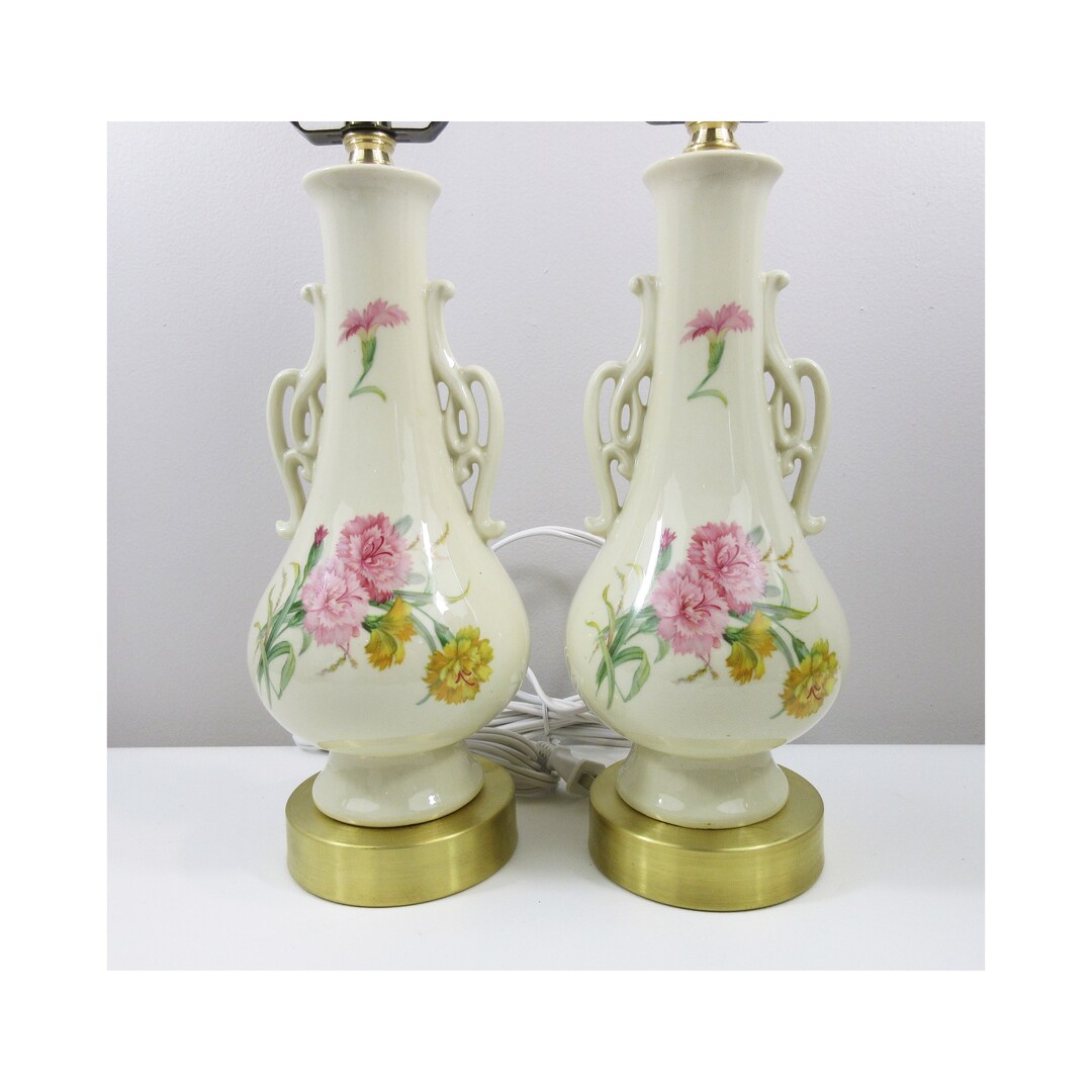 Refurbished Mid Century Boudoir Lamps - PAIR - Pink, Yellow Carnations ...
