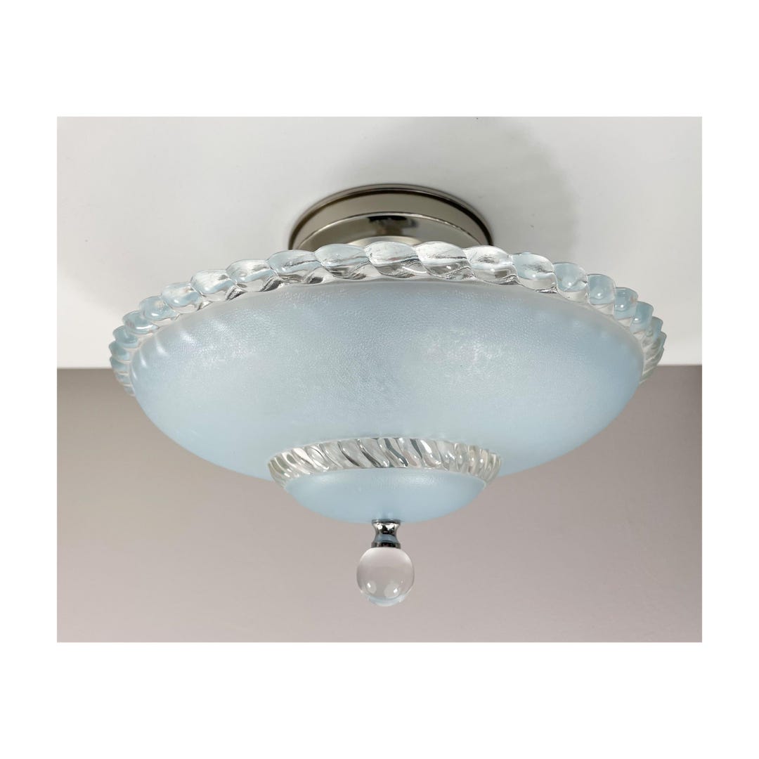 Semi Flush Ceiling Light With 1940's Light Blue Glass Shade, Glass Ball ...