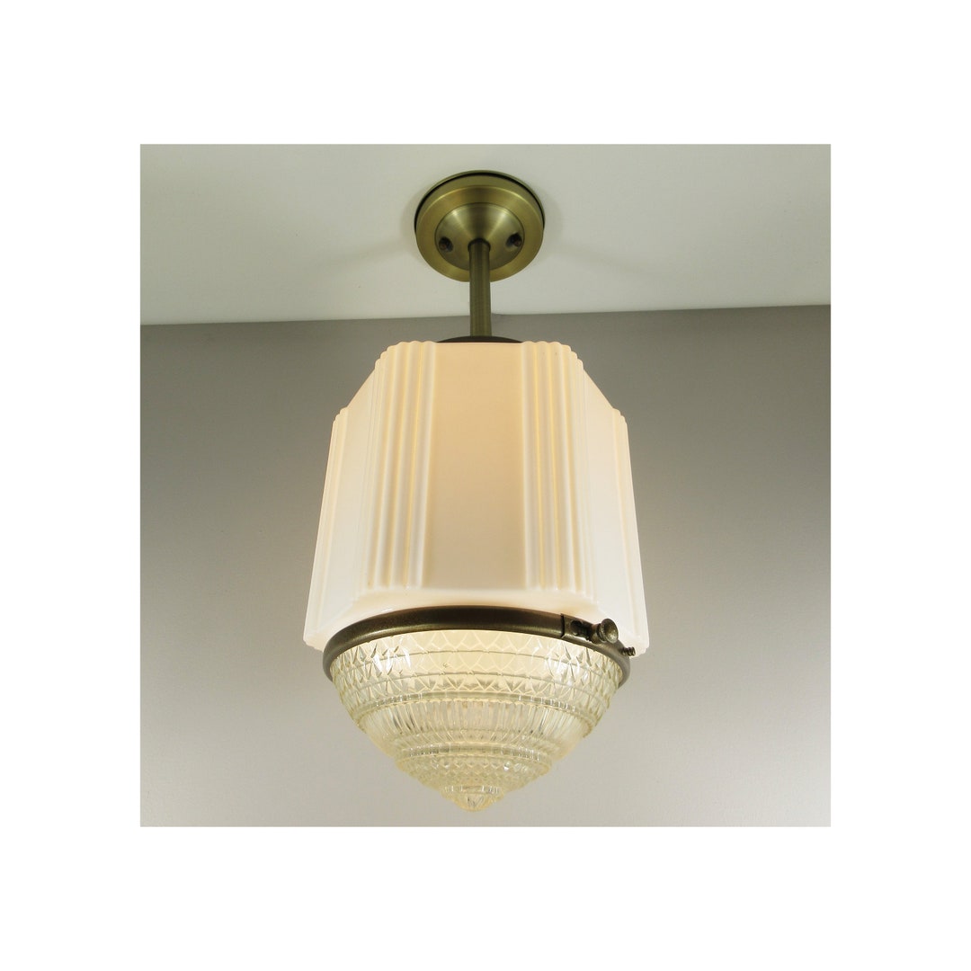 Art Deco Era Opaline Glass Light Shade Fixture With Prismatic Diffuser ...
