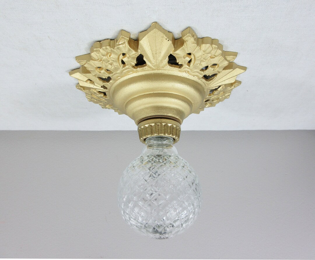 Art Deco Cast Metal Bare Bulb Fixture single Bulb Flush Mount Light ...