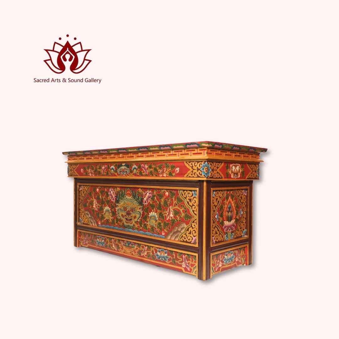 Large Tibetan Red Painted Puja Table With Kirtimukha (face of Glory ...