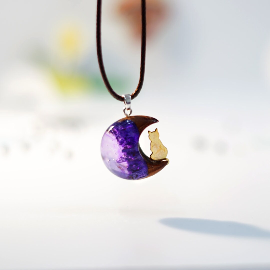 Teak Wood Resin Cat Moon Necklace: Handmade Thai Jewelry - Etsy