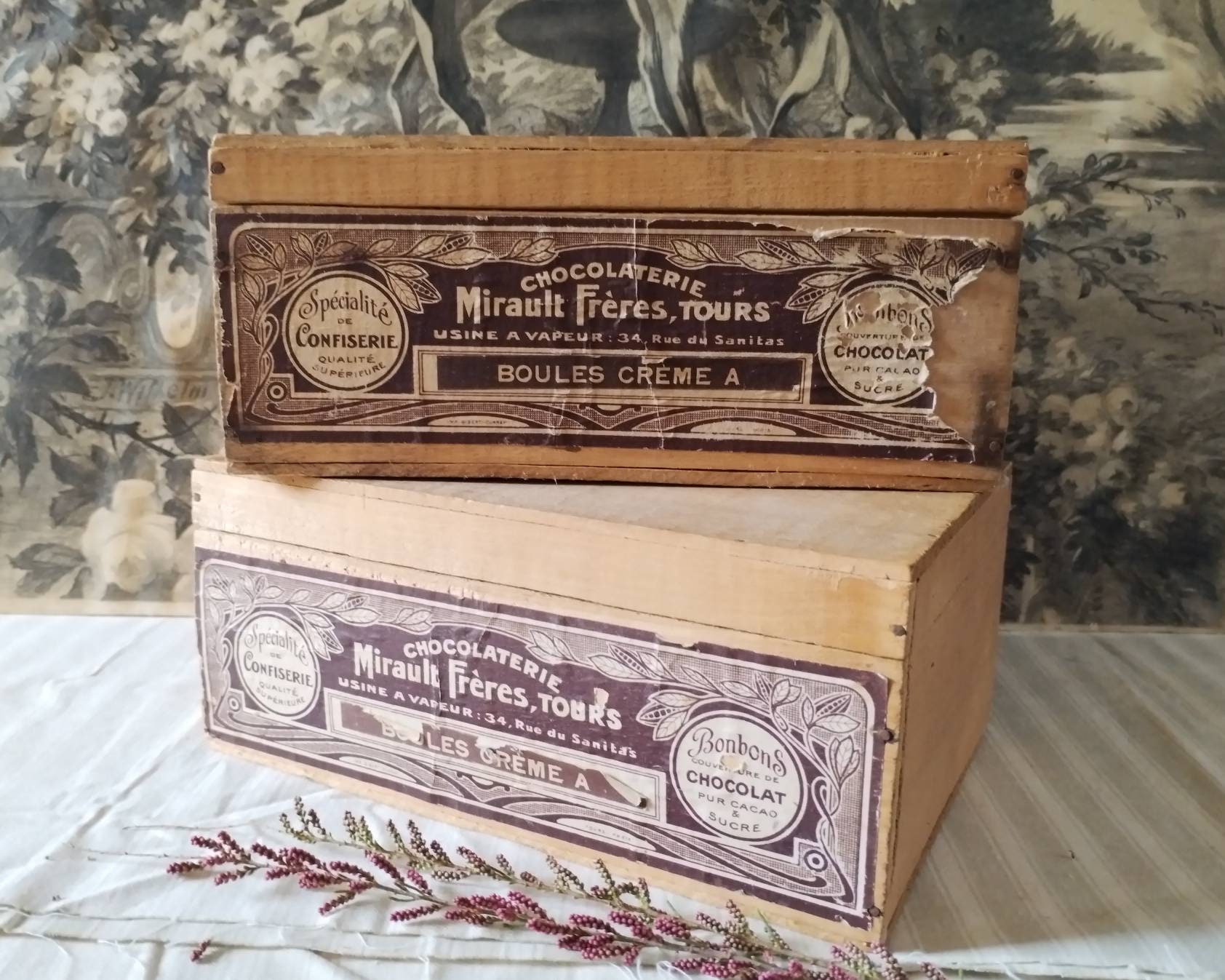 French Antique Chocolate Boxes Set of Two Wood Boxes With Old - Etsy