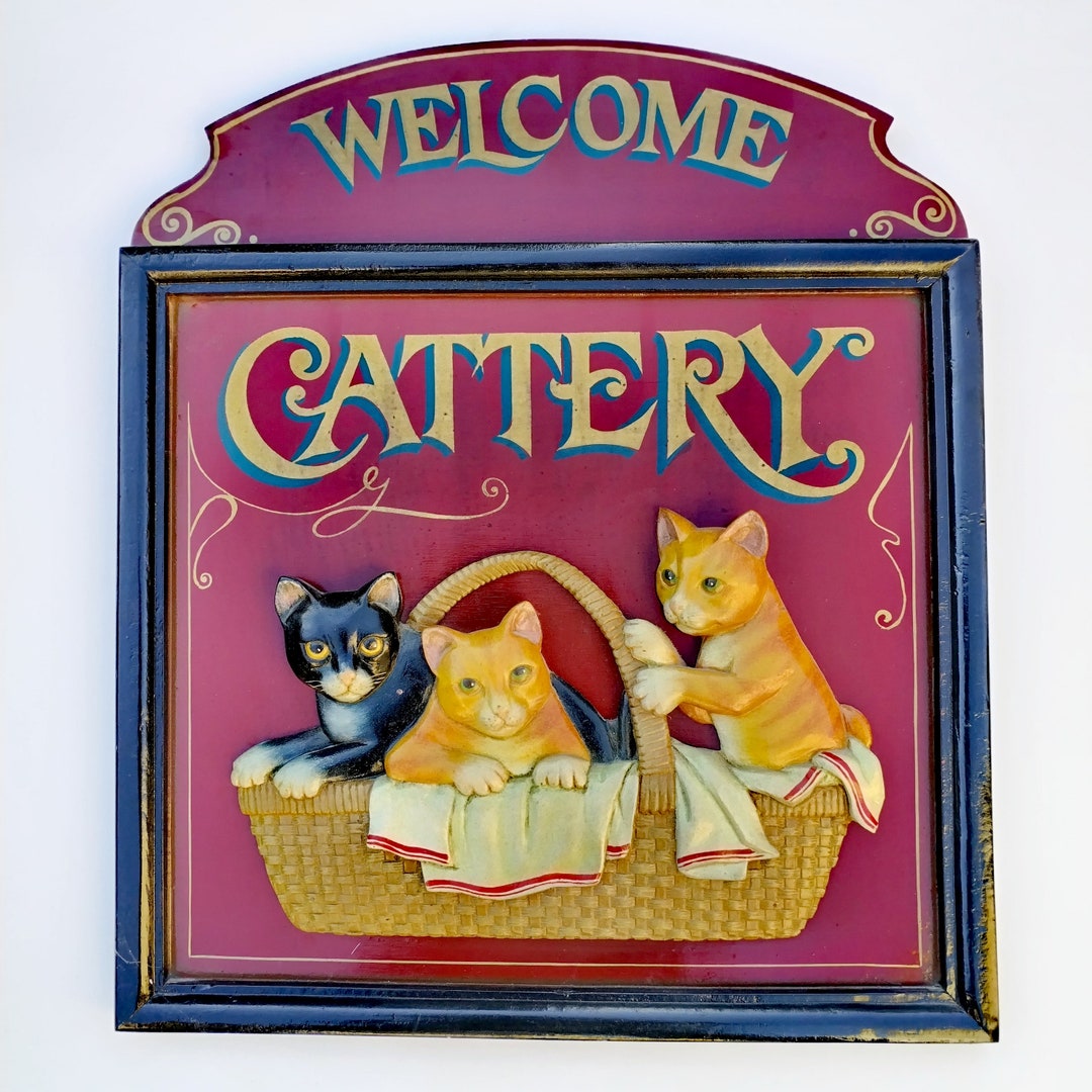 Cattery, Vintage 3 D Wall Hanging Wood Panel With Cats in a Wicker ...