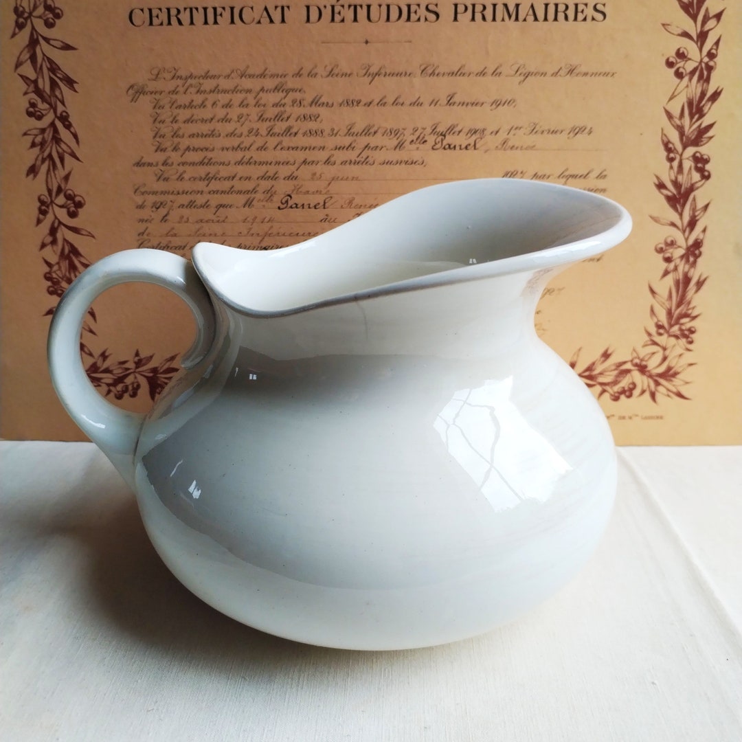 French Antique Wash Pitcher, Digoin Sarreguemines Romantic White ...