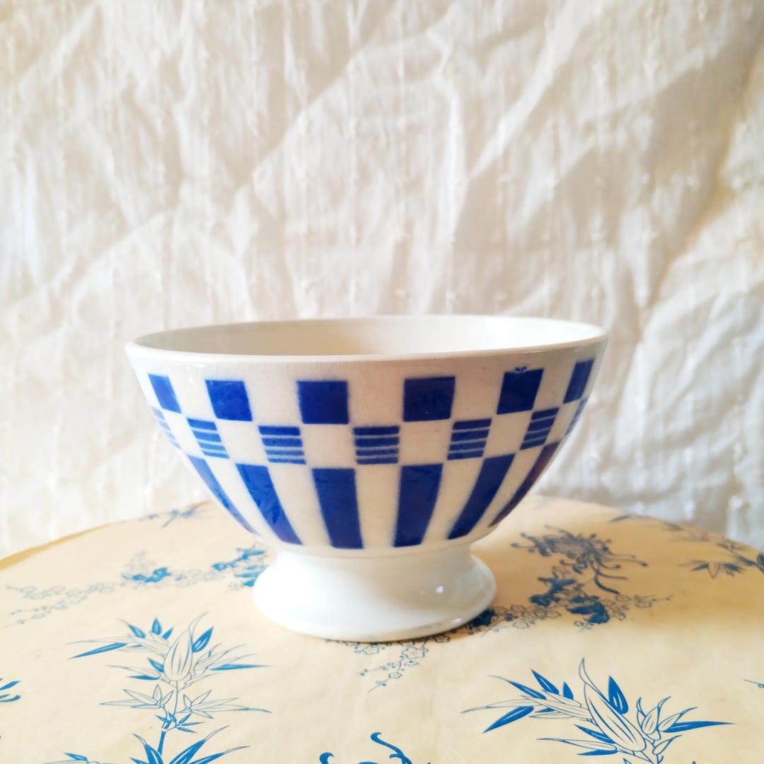 French Antique Café Au Lait Bowl, 1930s Badonviller Blue Checkered Bowl ...