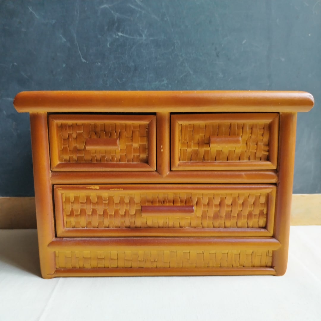 French Vintage Jewelry Wood Chest Drawers With Bamboo and Woven Wicker ...