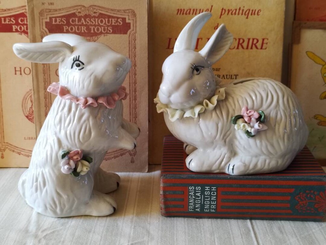 Sweet White Rabbit Figurines Vintage Pair of Ceramic Bunny - Etsy