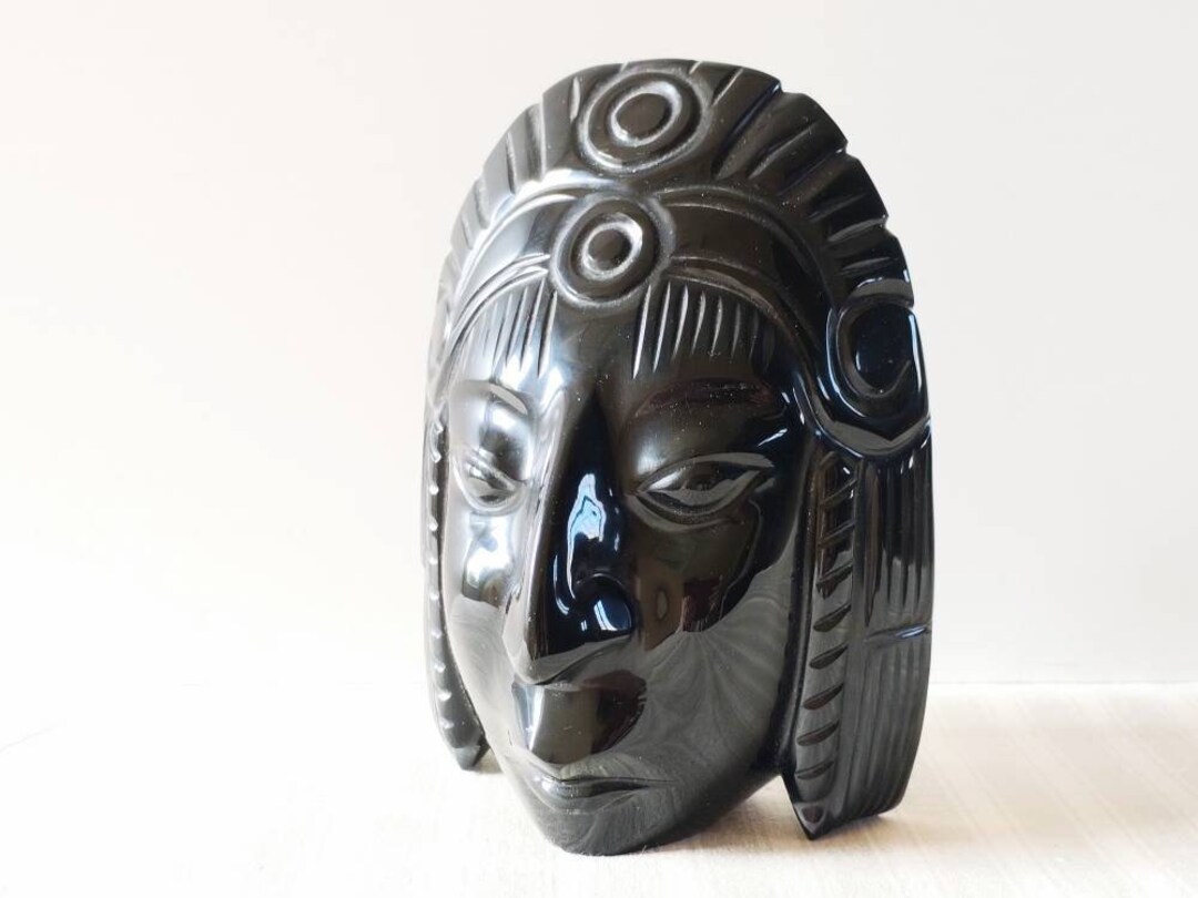 Vintage Obsidian Hand Carved Stone, Aztec Face Sculpture, 70s Folk Art ...