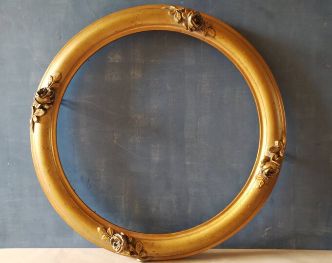 LARGE Antique Round Frame With Roses Decor, Gold Patina, Empty Frame ...