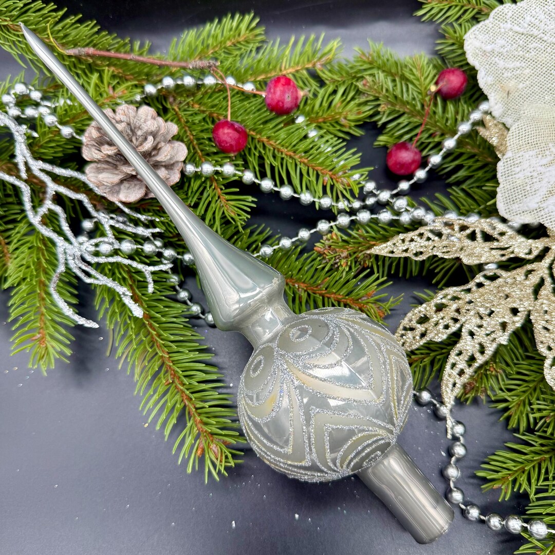 Silver Christmas Glass Tree Topper 10.8 Inch, Vintage Tree Topper ...