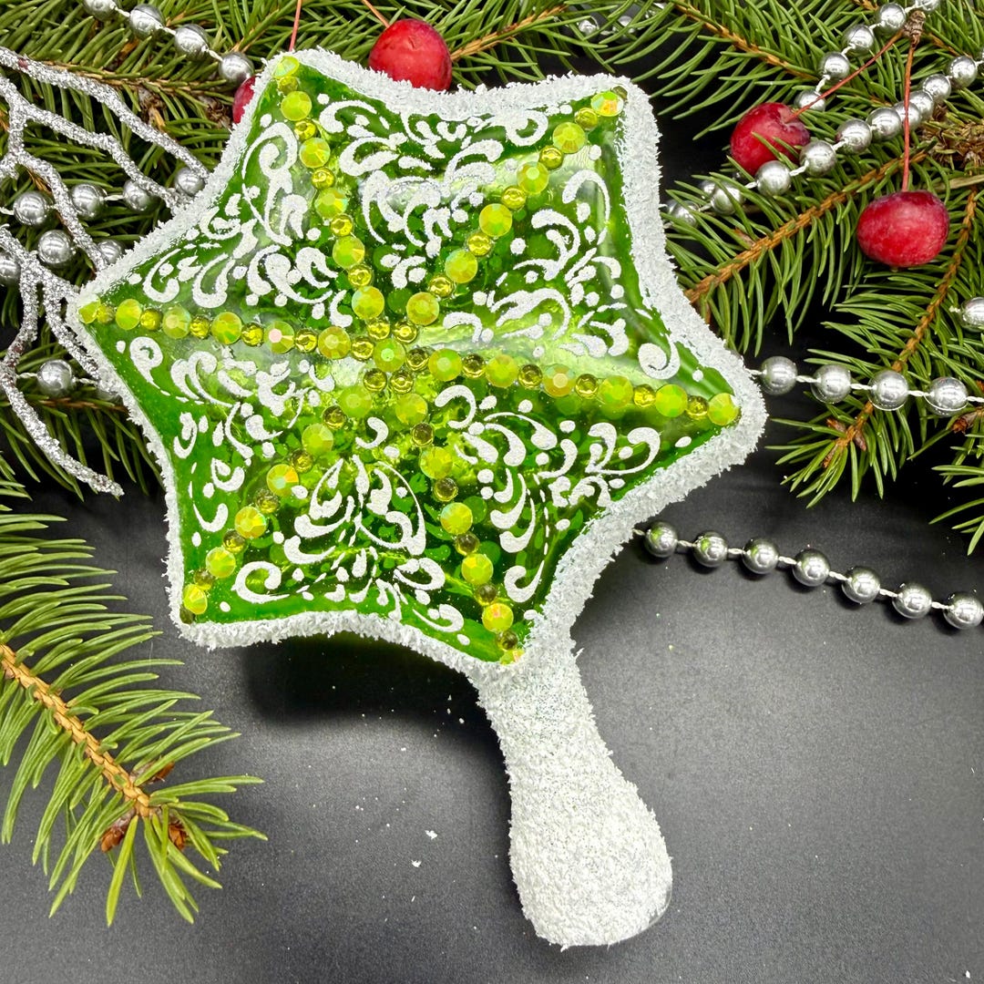 Green Christmas Glass Star Tree Topper 6 Inch, Vintage Tree Topper ...