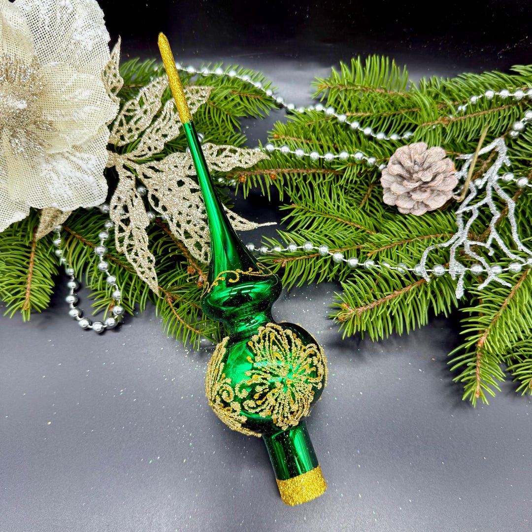 Green Christmas Glass Tree Topper 10.8 Inch, Vintage Tree Topper ...