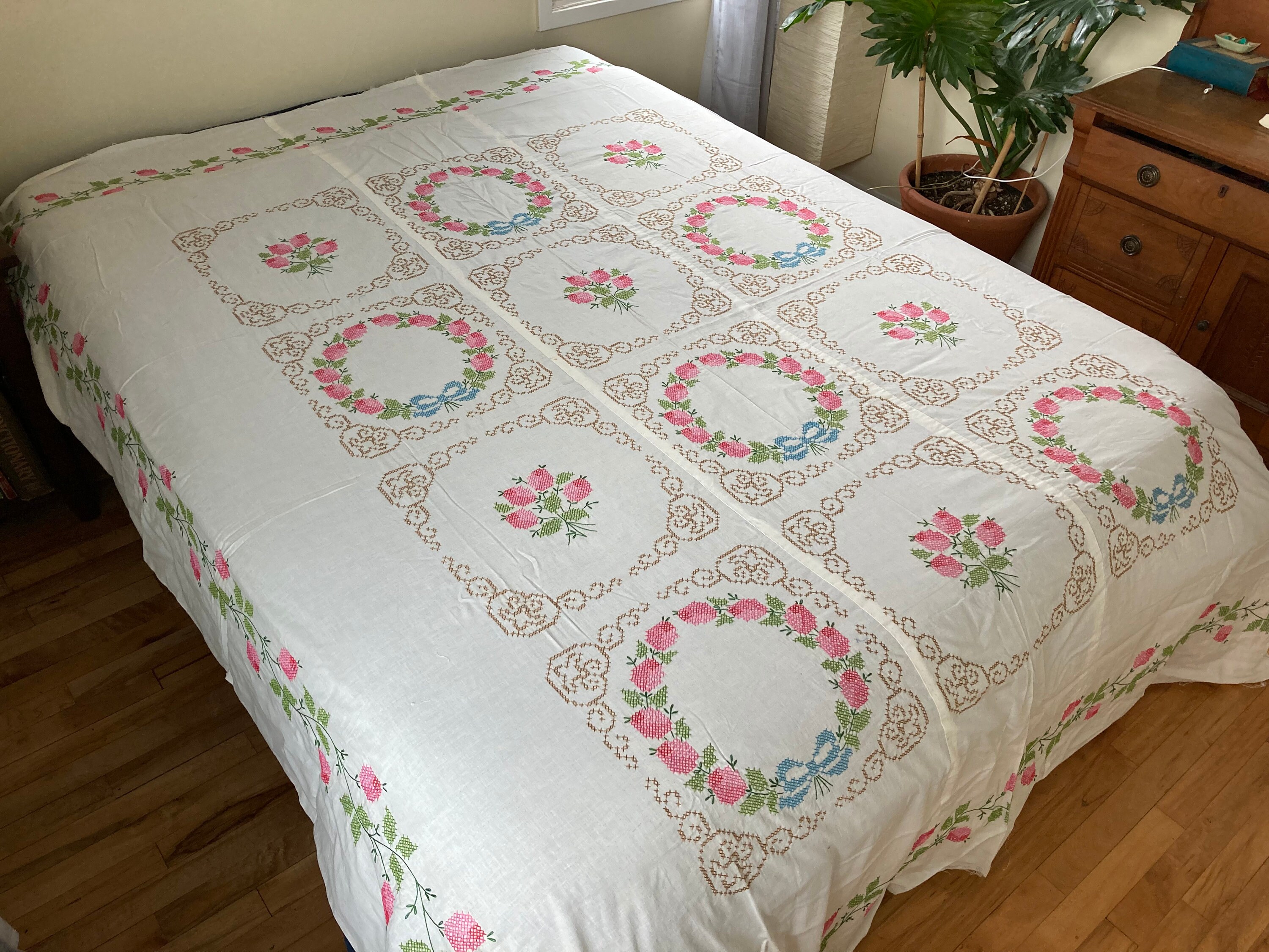 Beautiful Hand Cross Stitch Quilt Kit Vintage Quilt Top - Flower ...